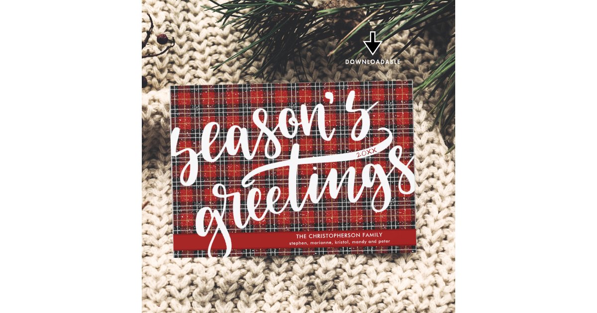 Red Plaid Script SEASONS GREETINGS Holiday Card | Zazzle