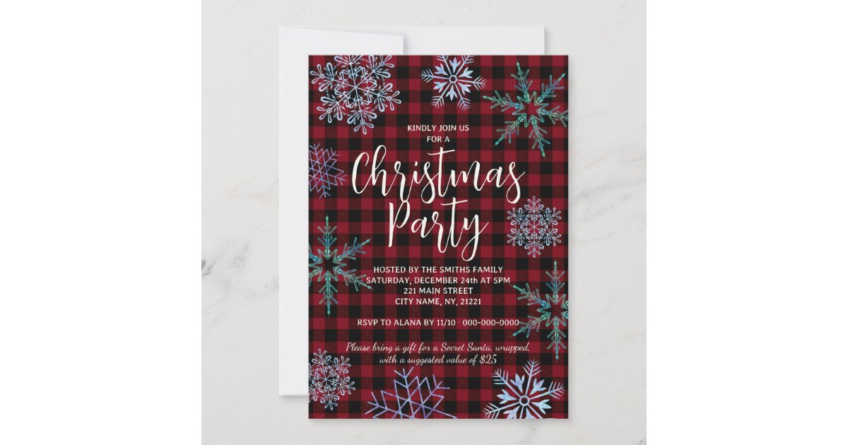Red Plaid Snowflakes Christmas Party Invitation | Zazzle