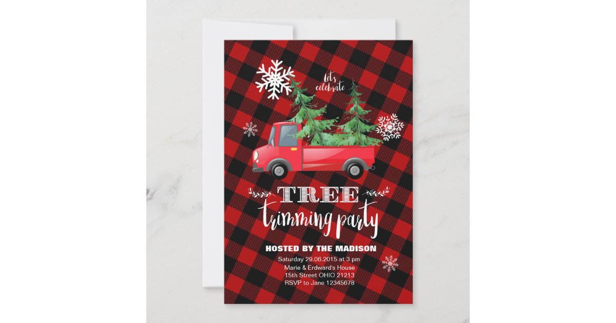 Red Plaid Tree Trimming Party Invitation | Zazzle