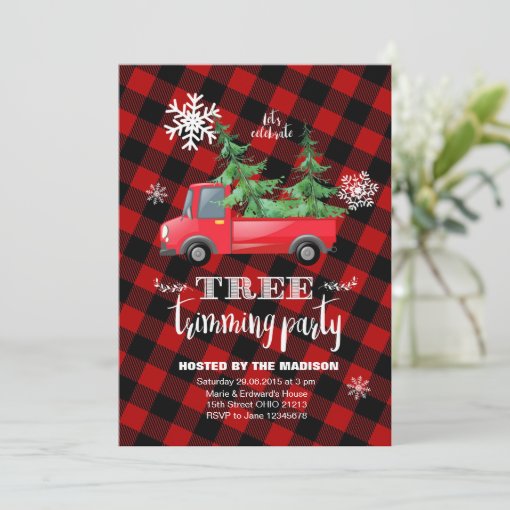 Red Plaid Tree Trimming Party Invitation | Zazzle