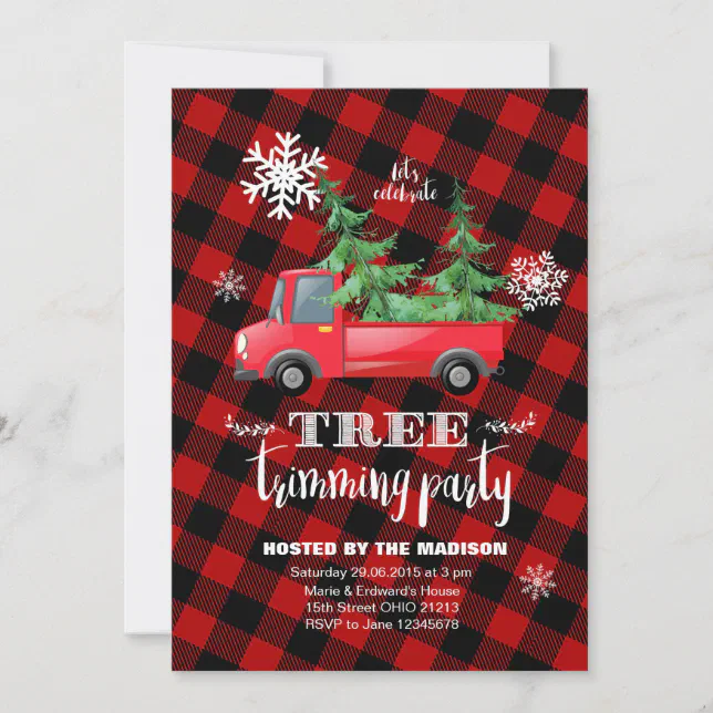 Red Plaid Tree Trimming Party Invitation | Zazzle