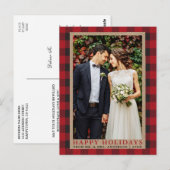 Red Plaid Wedding Photo Happy Holidays Kraft Postcard | Zazzle
