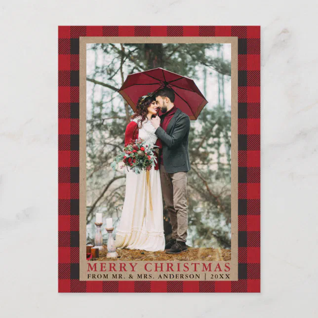 Red Plaid Wedding Photo Merry Christmas Kraft Postcard | Zazzle