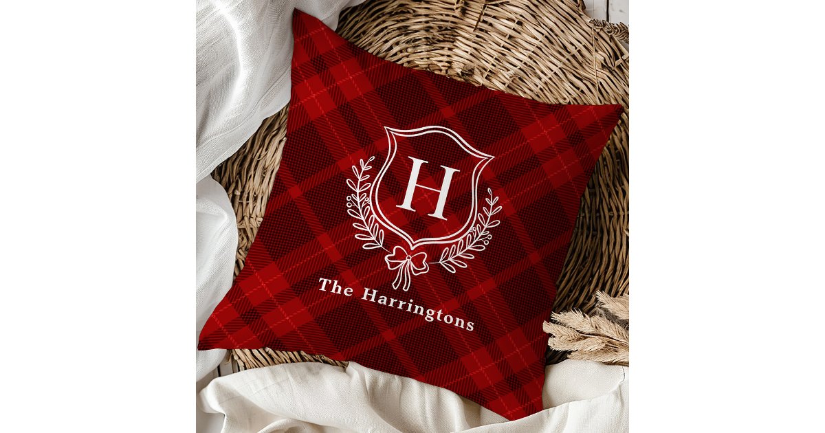Red Plaid Winter Monogram Crest Initial Throw Pillow | Zazzle