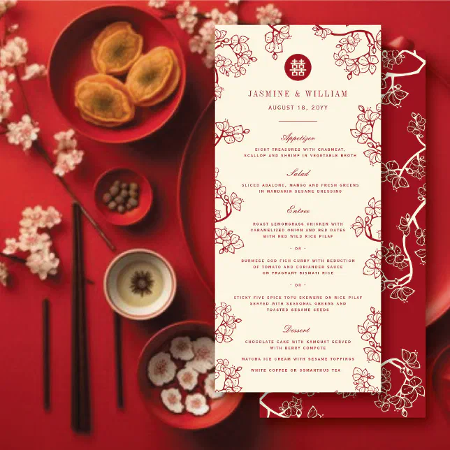 Red Plum Blossoms Double Happiness Chinese Wedding Menu | Zazzle