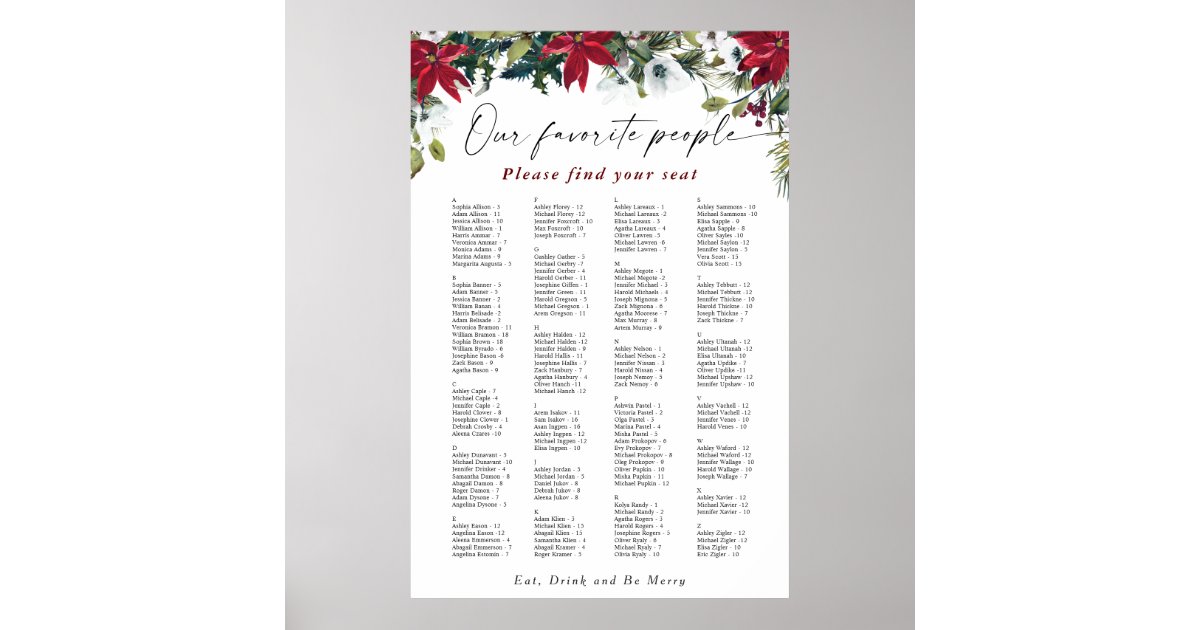 Red Poinsettia Alphabet Christmas SEATING CHART | Zazzle