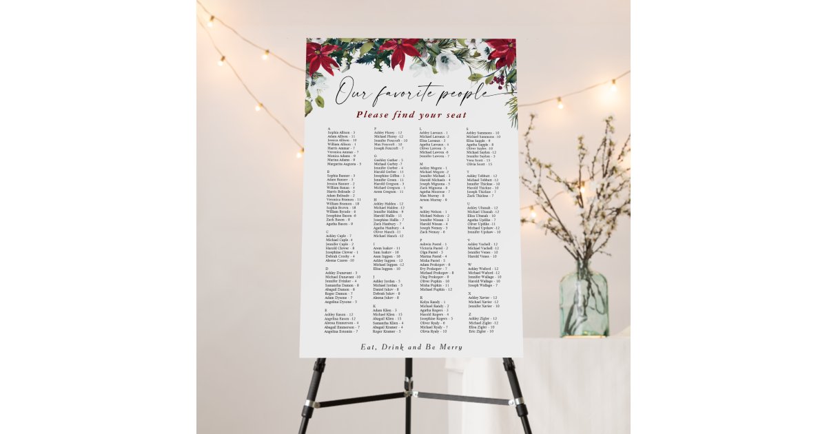 Red Poinsettia Alphabet Christmas SEATING CHART Foam Board | Zazzle