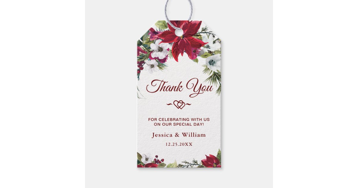 Red Poinsettia Floral Christmas Favor Thank You Gift Tags | Zazzle