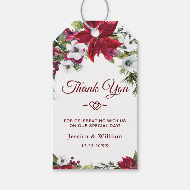 Red Poinsettia Floral Christmas Favor Thank You Gift Tags | Zazzle