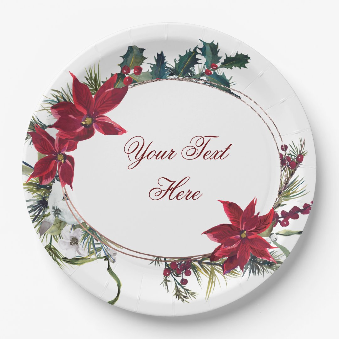 Red Poinsettia Floral Winter Christmas Party Paper Plates | Zazzle