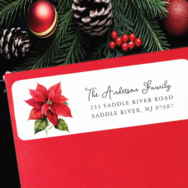 Red Poinsettia Flower Return Address Label | Zazzle