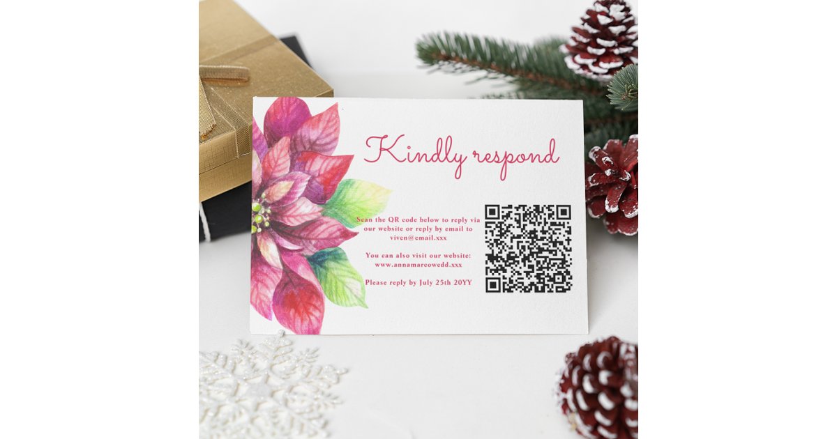 Red Poinsettia Winter Christmas Wedding QR Code RSVP Card | Zazzle