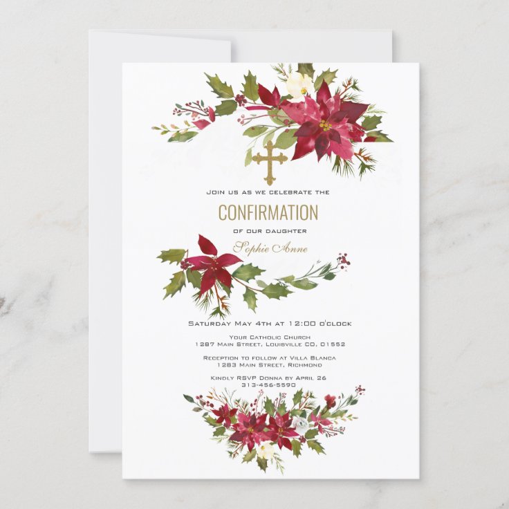 Red Poinsettia Wreath Gold Cross Confirmation Invitation | Zazzle