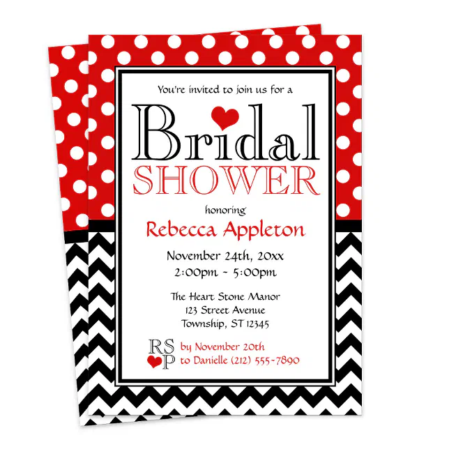 Red Polka Dot Chevron Bridal Shower Invitations | Zazzle