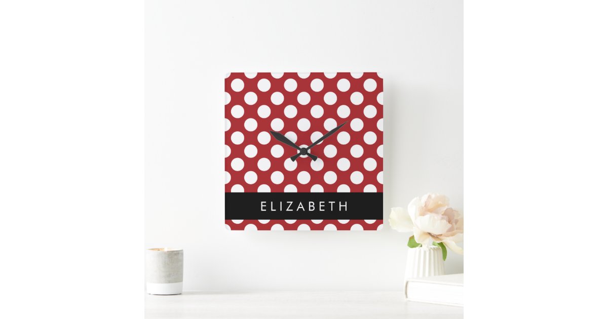 Red Polka Dots, Polka Dot Pattern, Your Name Square Wall Clock | Zazzle