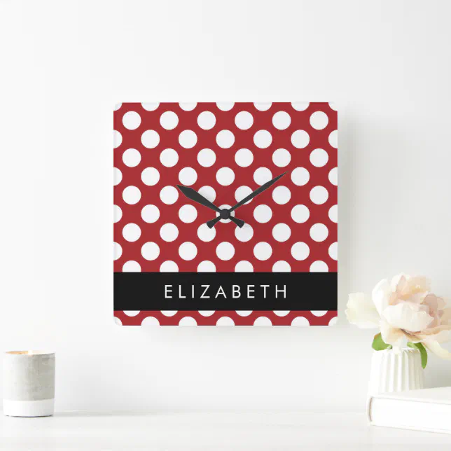 Red Polka Dots, Polka Dot Pattern, Your Name Square Wall Clock | Zazzle
