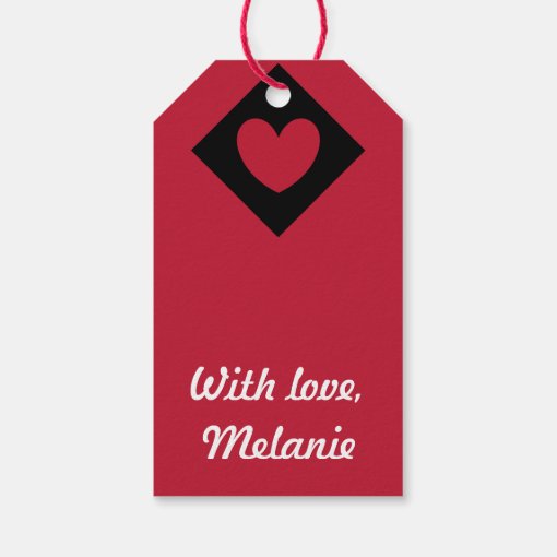 Red polka hearts on black gift tags | Zazzle
