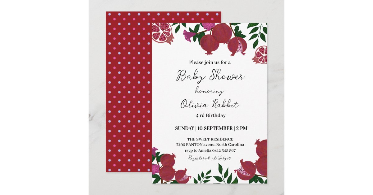 Red Pomegranate Moody fruit Baby Party Invitation | Zazzle