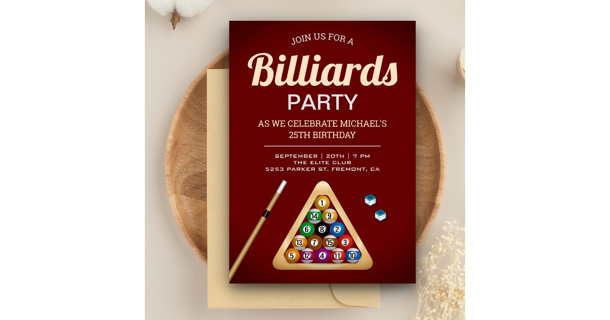Red Pool Table Billiards Snooker Birthday Party Invitation | Zazzle