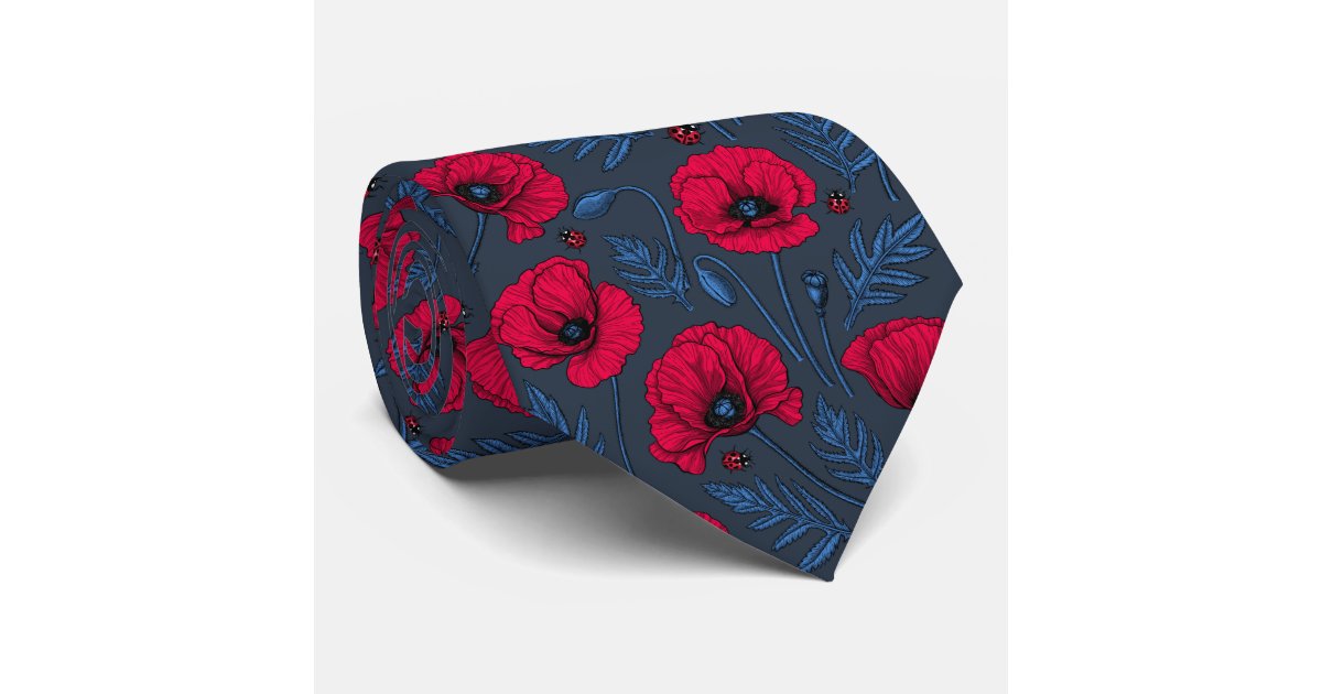 Red poppies and ladybugs on dark blue neck tie | Zazzle