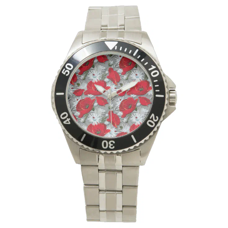 Red poppies and white daisies floral pattern watch | Zazzle