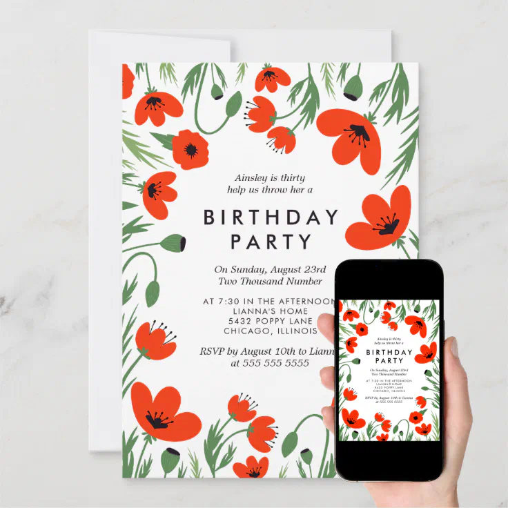 Red Poppies Birthday party Invitation | Zazzle