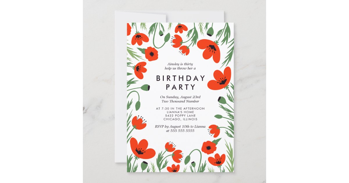 Red Poppies Birthday party Invitation | Zazzle