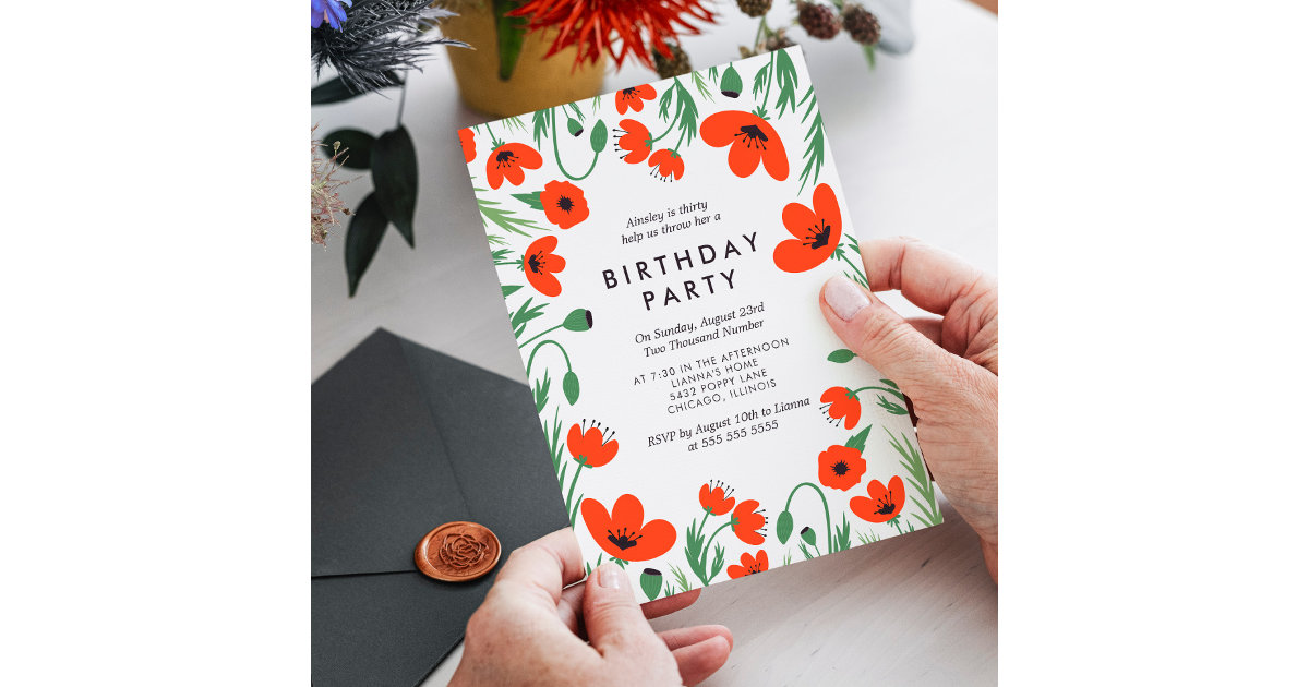 Red Poppies Birthday party Invitation | Zazzle