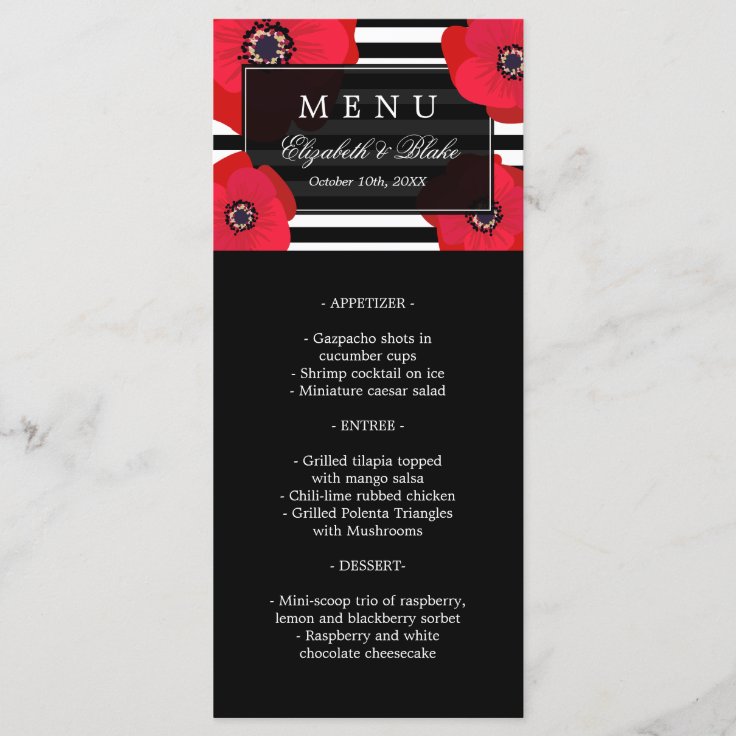 Red Poppies & Black Stripes | Wedding Menu | Zazzle