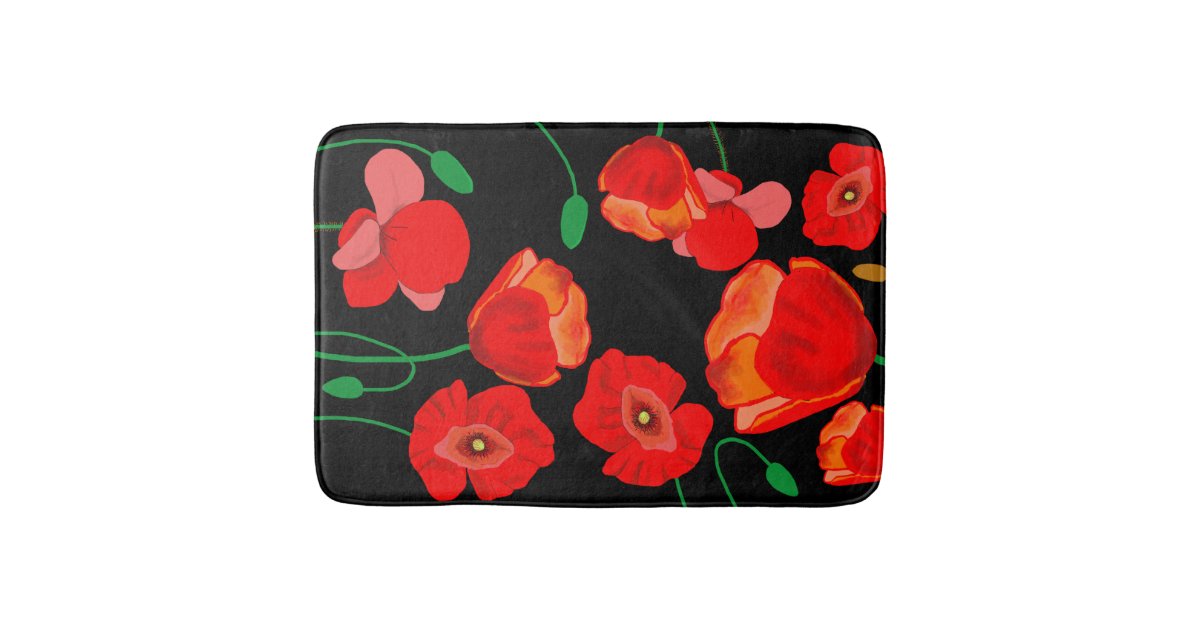 Red poppies on black background illustration bath mat | Zazzle