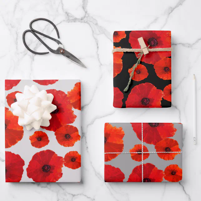 Red Poppies on Black n Gray Wrapping Paper Sheets | Zazzle