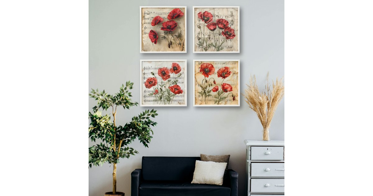 Red poppies vintage music sheet floral set of four peel and stick photo ...