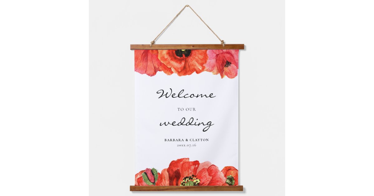 Red poppies watercolor custom wedding sign hanging tapestry | Zazzle