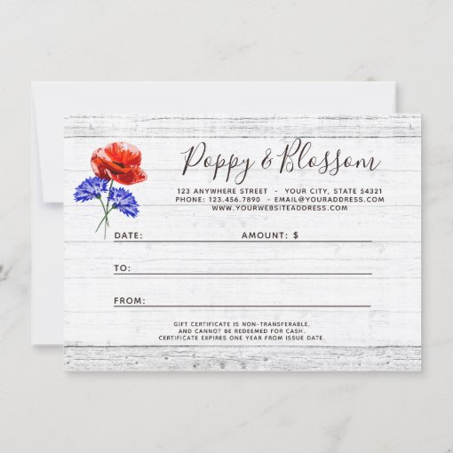 Red Poppy Cornflower Rustic Gift Certificate Card | Zazzle