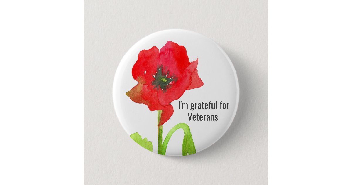Red Poppy Flower Grateful For Veterans Button | Zazzle