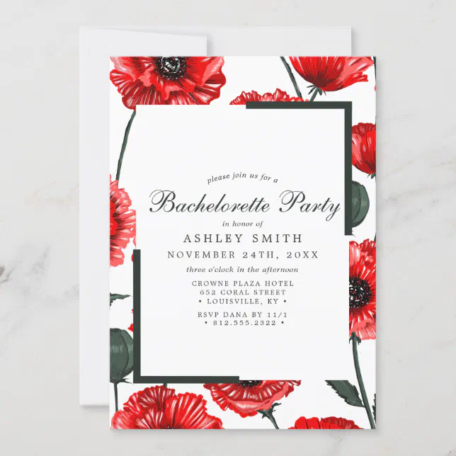 Red Poppy Flowers Floral Bachelorette Party Invitation | Zazzle