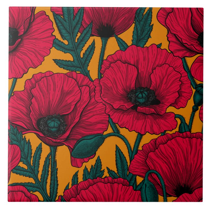 Red poppy garden ceramic tile | Zazzle