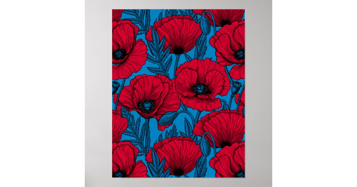 Red poppy garden on blue poster | Zazzle