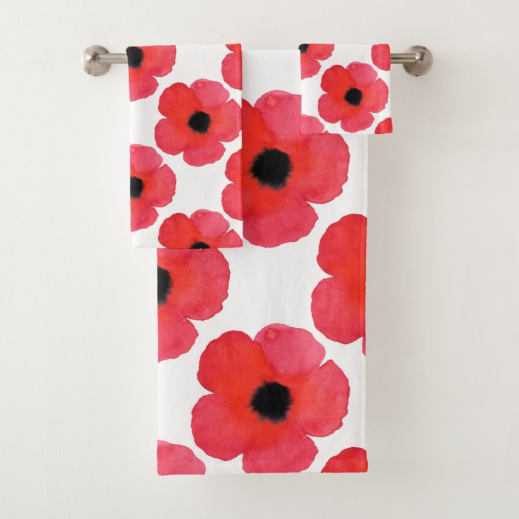 Red Poppy Pattern Bath Towel Set | Zazzle
