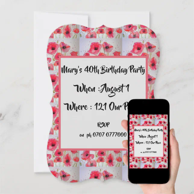 Red Poppy Poppies Floral 40th Birthday Invitation | Zazzle