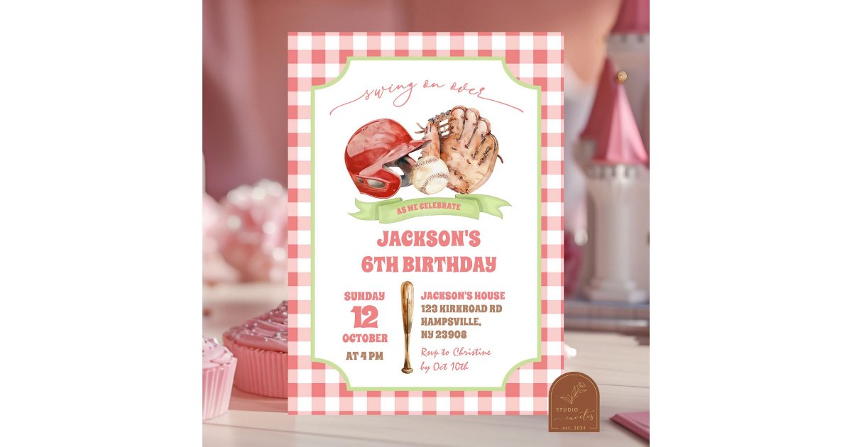Red Preppy Baseball Swing on Over Birthday Invitation | Zazzle