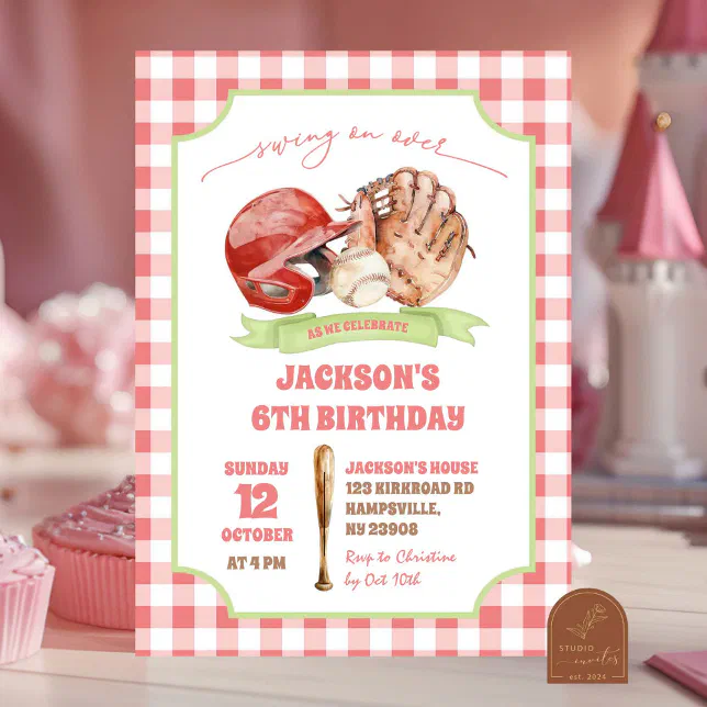 Red Preppy Baseball Swing on Over Birthday Invitation | Zazzle