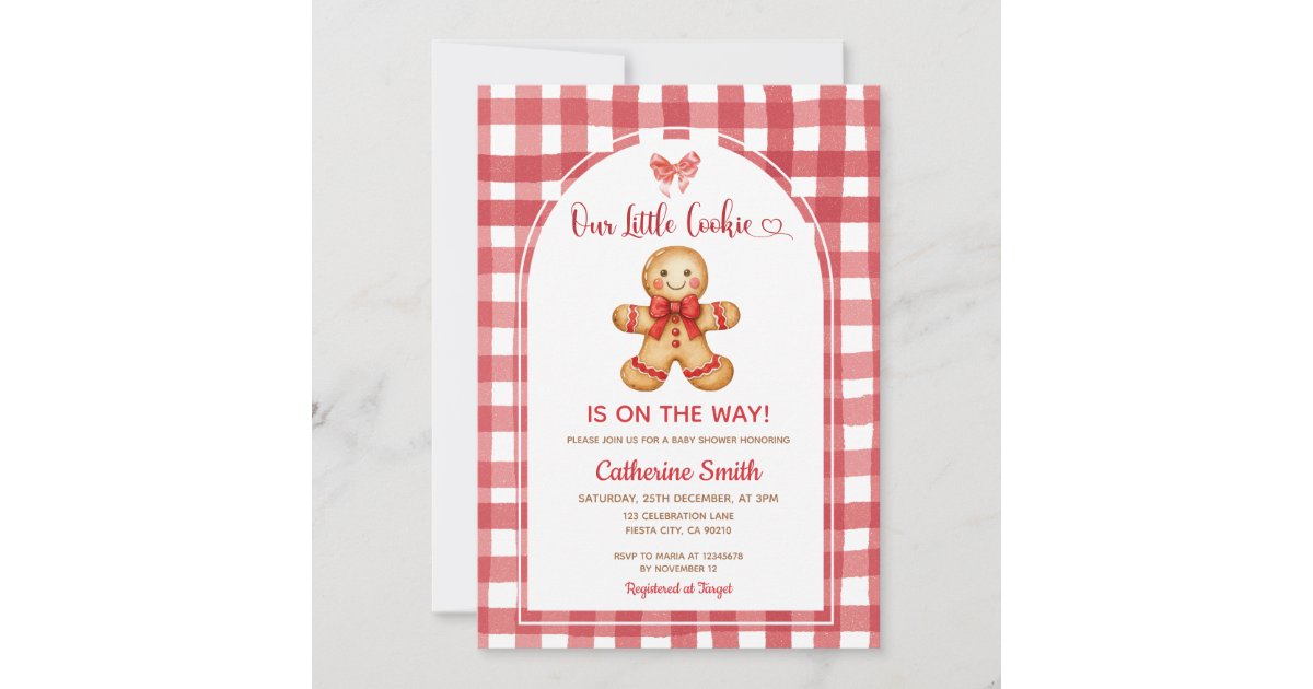 Red Preppy Gingham Gingerbread Baby Shower Invitation | Zazzle