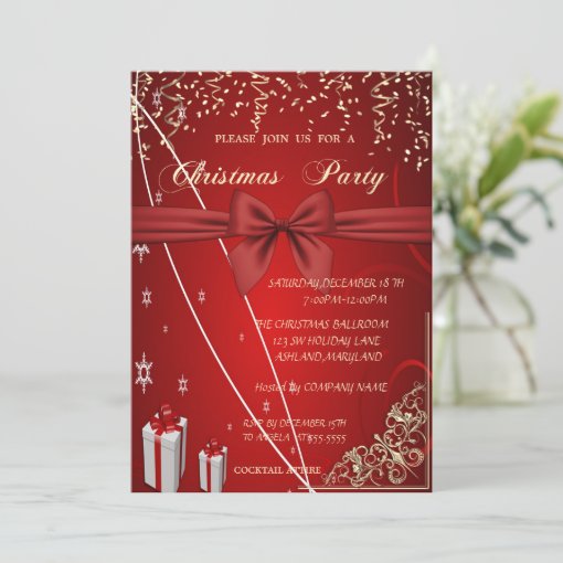 Red Presents,Bow,Confetti Company Christmas Party Invitation | Zazzle