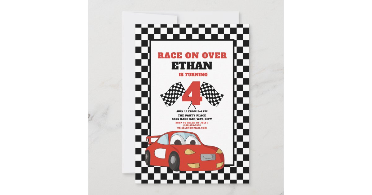 Red Race Car Child's 4th Race Over Birthday Invitation | Zazzle