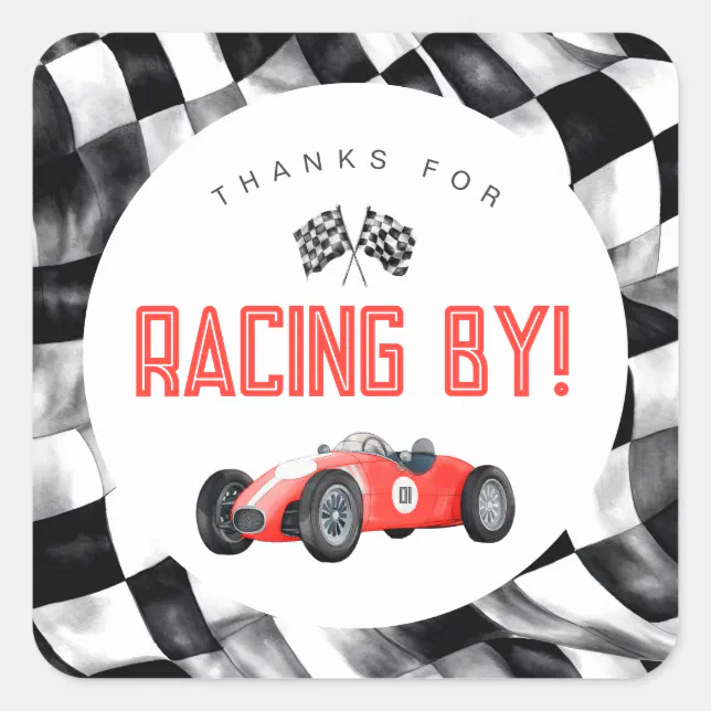 Red Race Car Fast One 1st birthday party Square Sticker | Zazzle