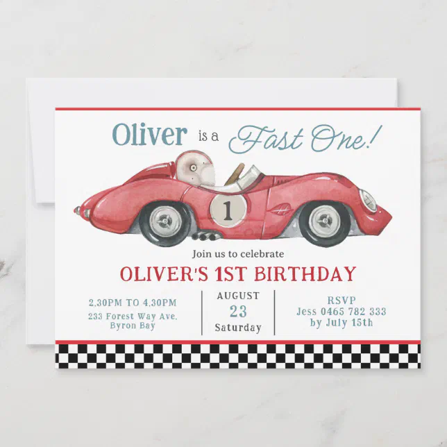 Red Race Car Fast One 1st First Birthday Party Invitation | Zazzle