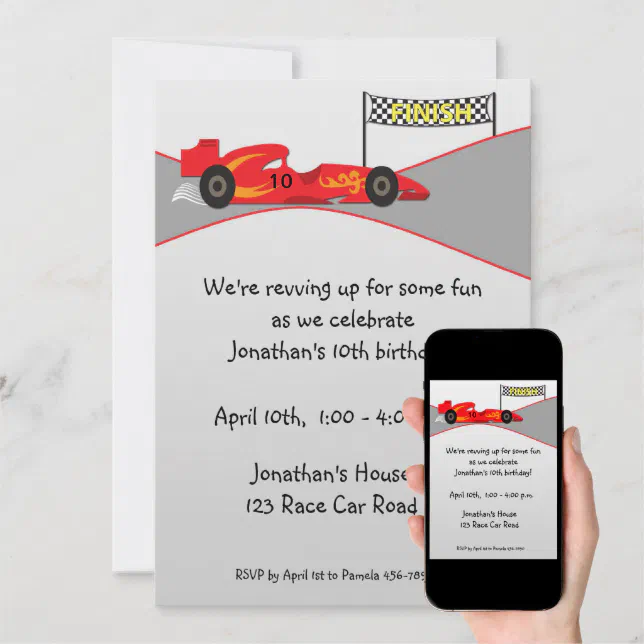 Red Race Car, Finish Line, Birthday Invitation | Zazzle