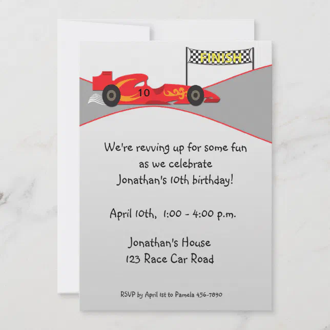 Red Race Car, Finish Line, Birthday Invitation | Zazzle