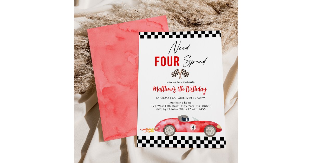 Red Race Car Fourth Birthday Invitation | Zazzle